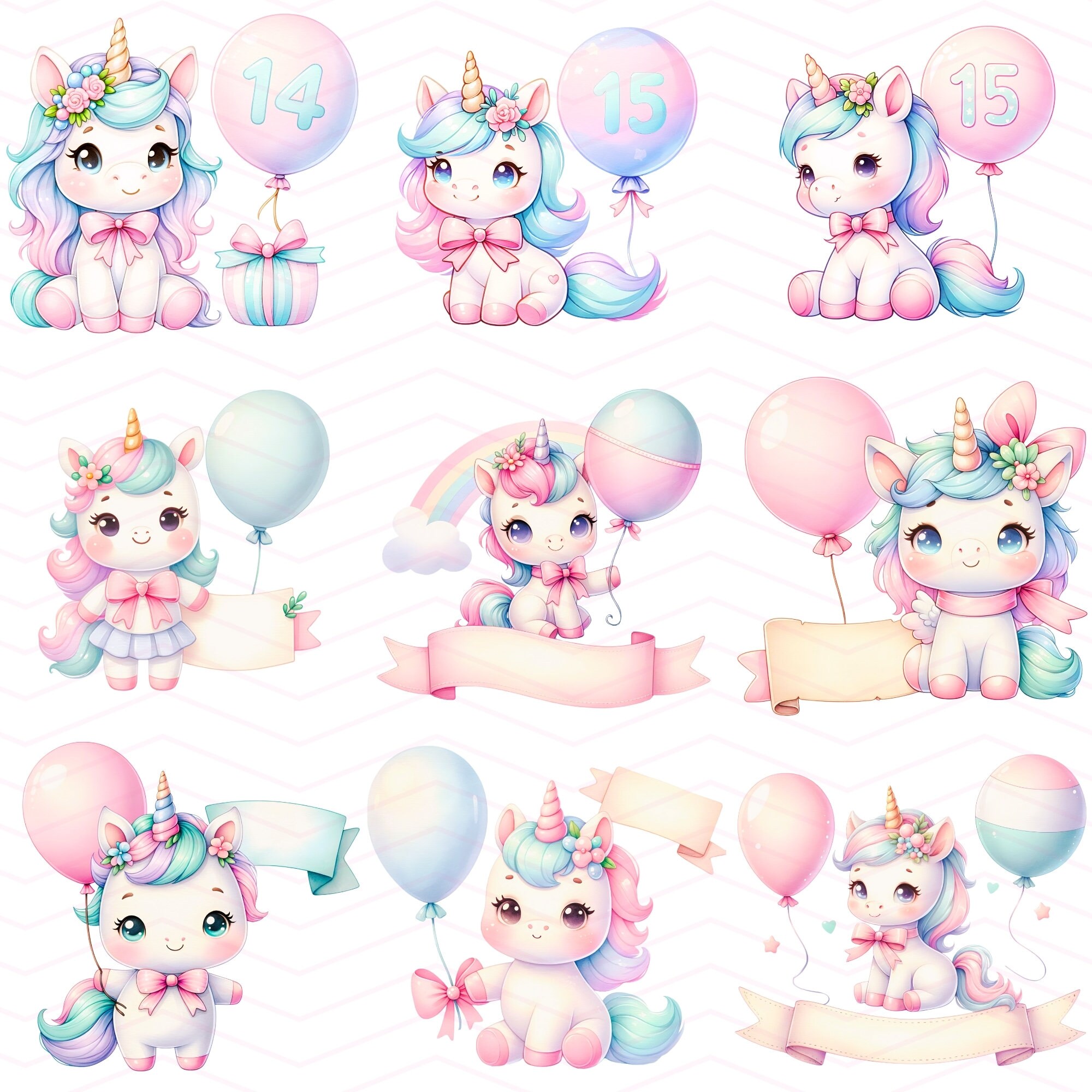 Watercolor Birthday Unicorn Clipart Cute Party Unicorns With Balloons ...