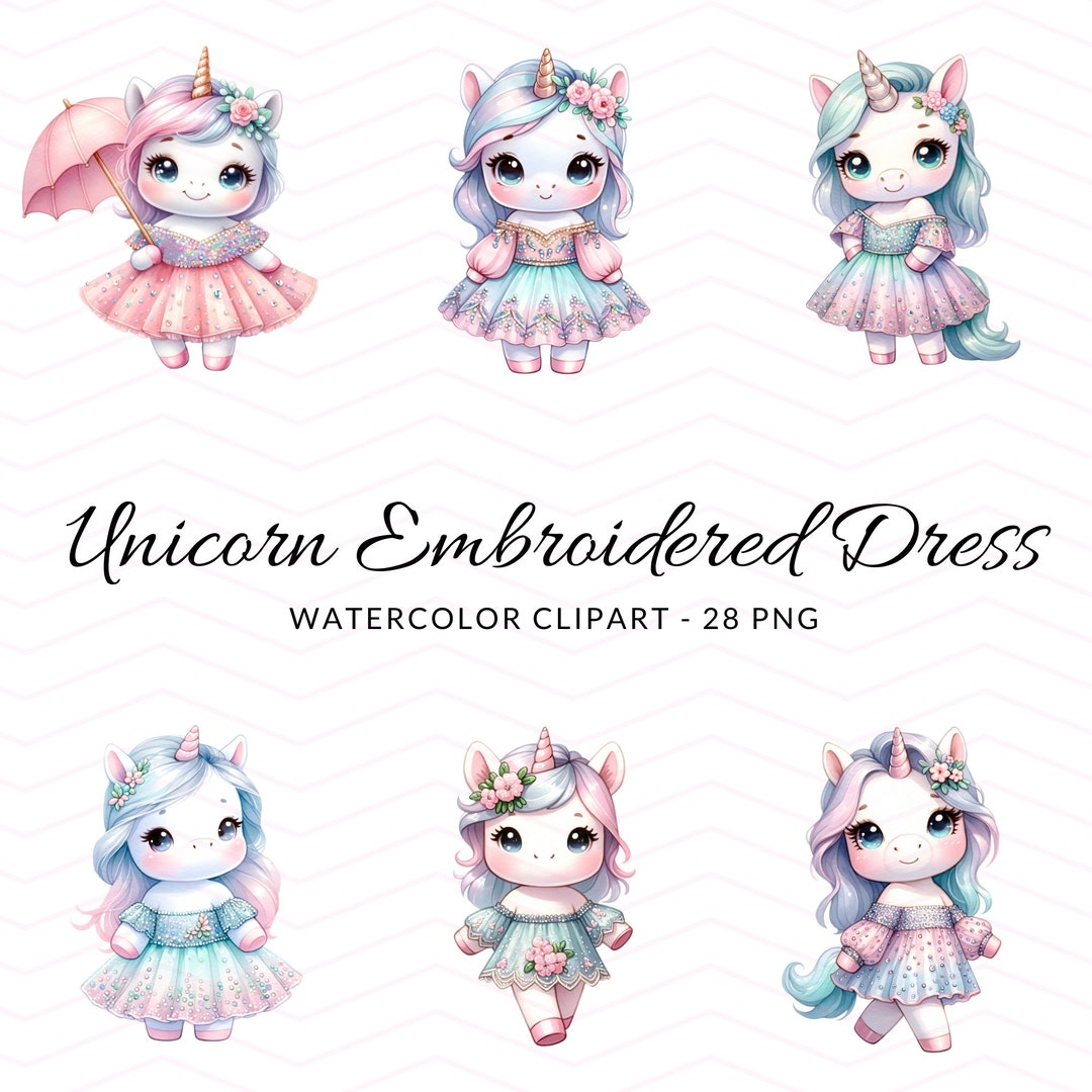 Magical Unicorn Watercolor Clipart - Off-the-shoulder Embroidered Dress ...