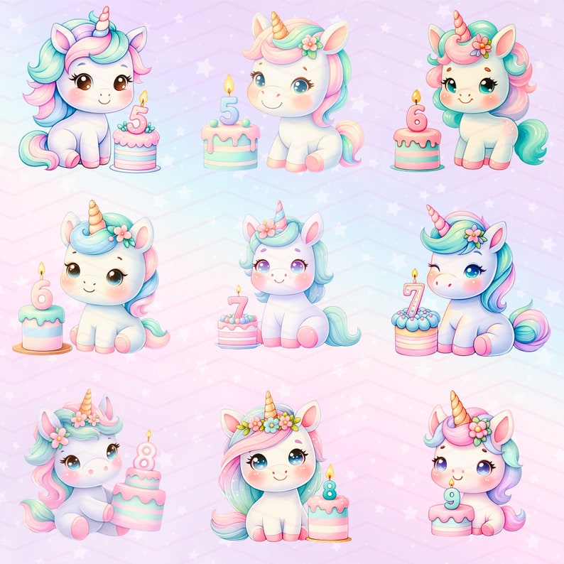 Unicorn Birthday Party Clipart Adorable Watercolor Unicorns With Cakes ...