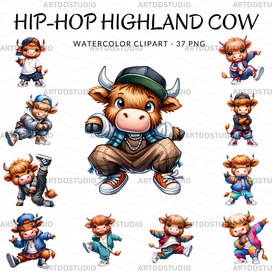 Hip-hop Highland Cow Clipart - Urban Style Watercolor PNG Collection ...