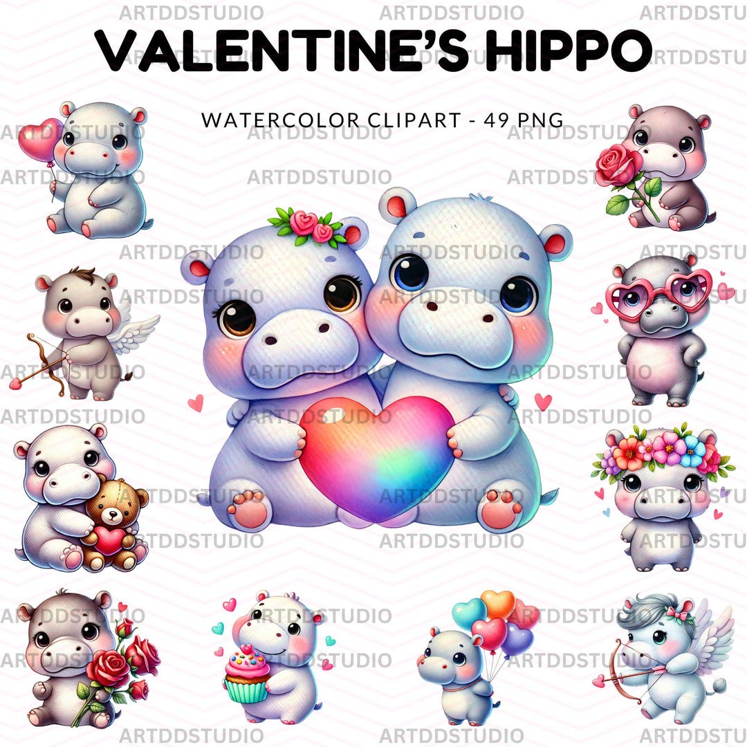 Valentine's Hippo Clipart, Watercolor Cute Pygmy Hippopotamus, Pngs for ...