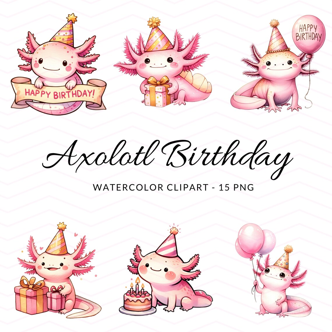 Cheerful Axolotl Birthday Party Clipart, Cute Watercolor PNG Images for ...