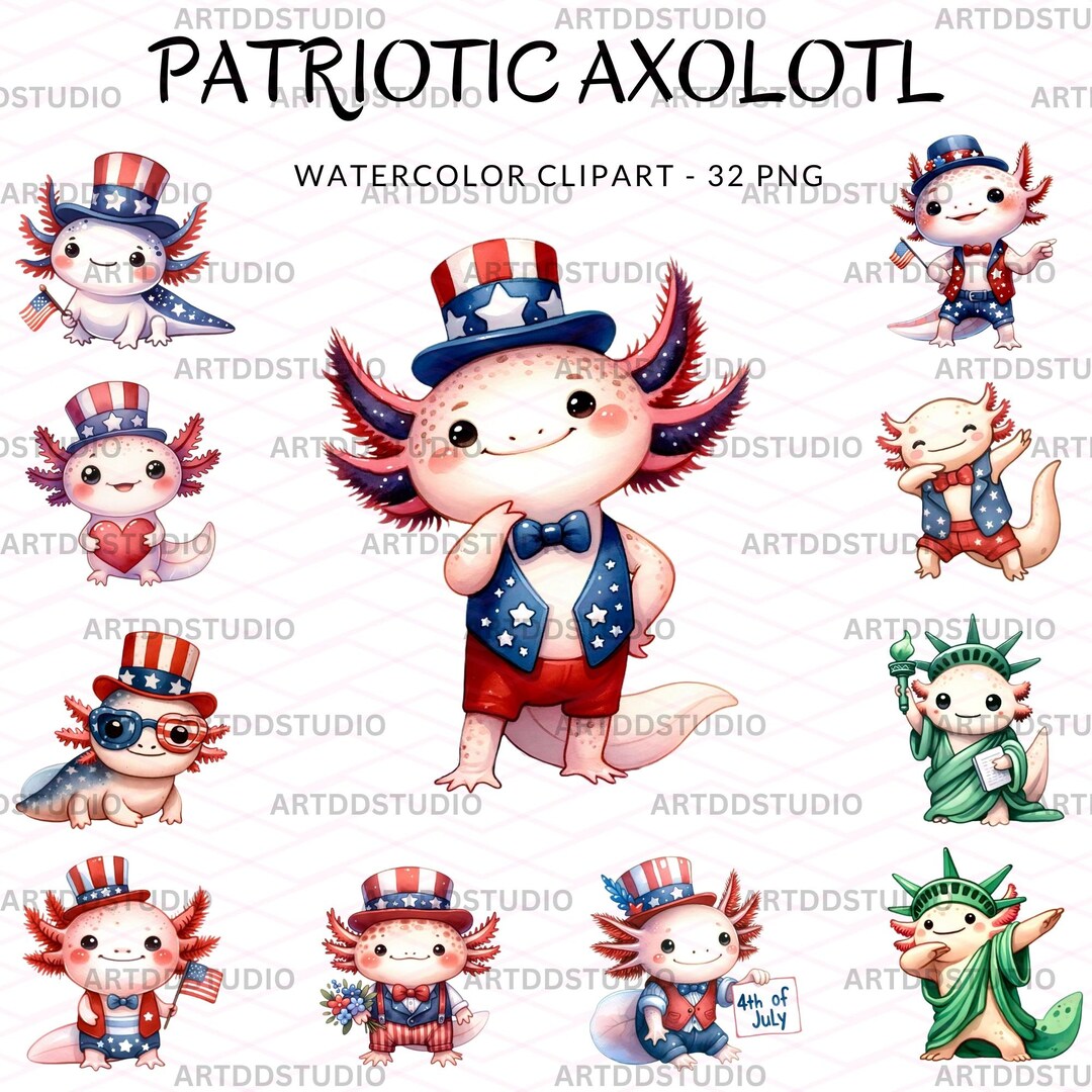 Patriotic Axolotl Watercolor Clipart Set, 4th of July Axolotl ...