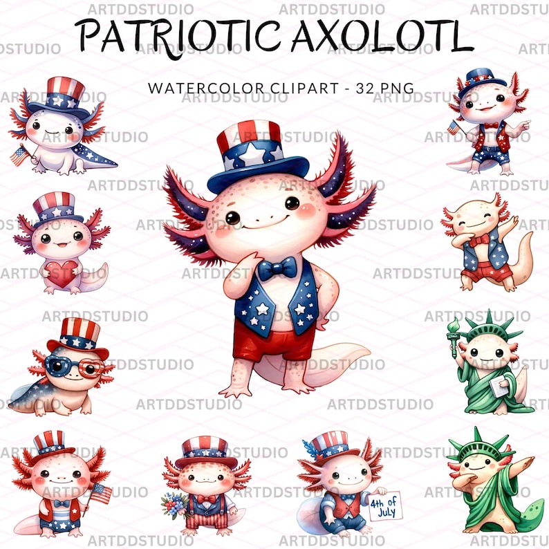 Patriotic Axolotl Watercolor Clipart Set, 4th of July Axolotl ...