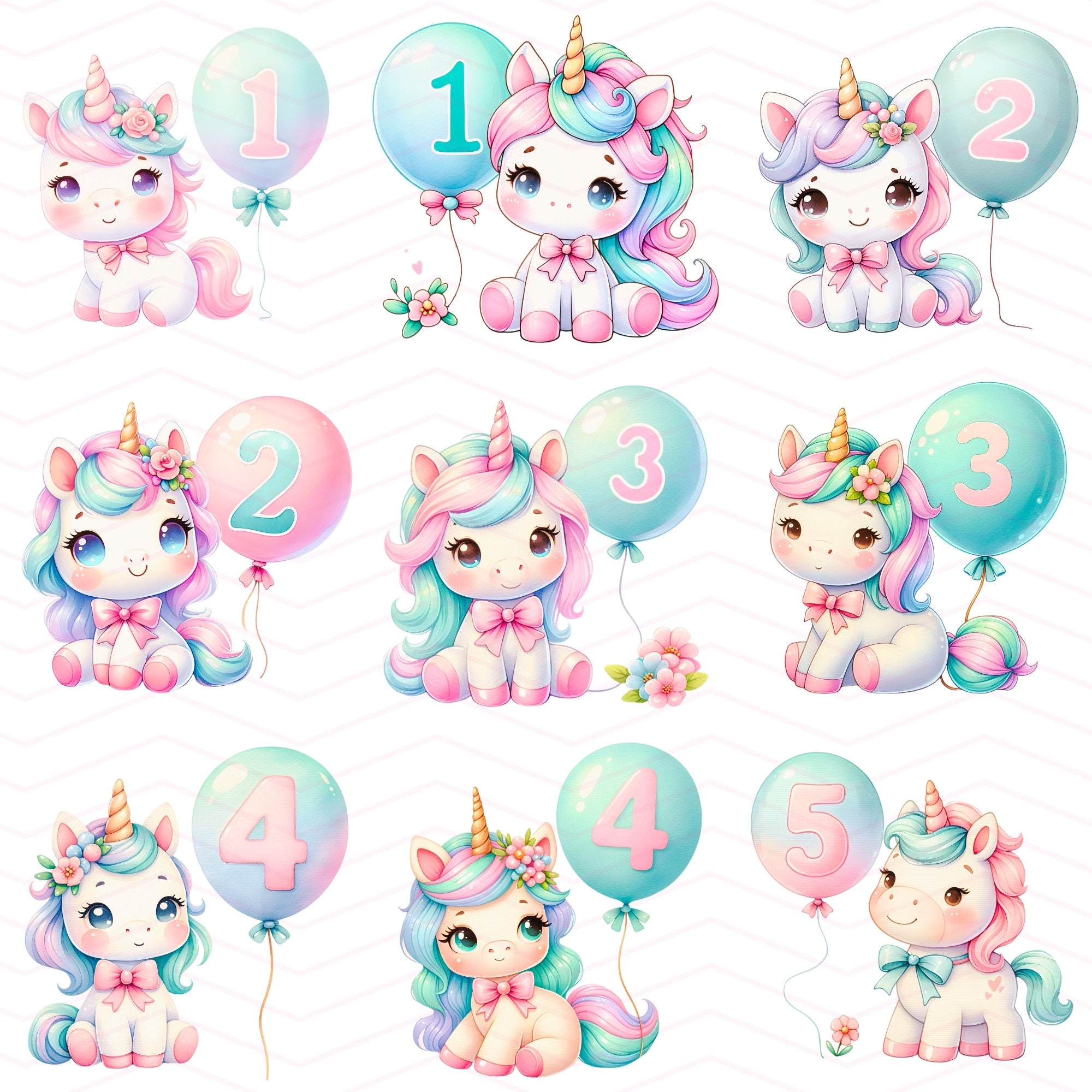 Watercolor Birthday Unicorn Clipart Cute Party Unicorns With Balloons ...