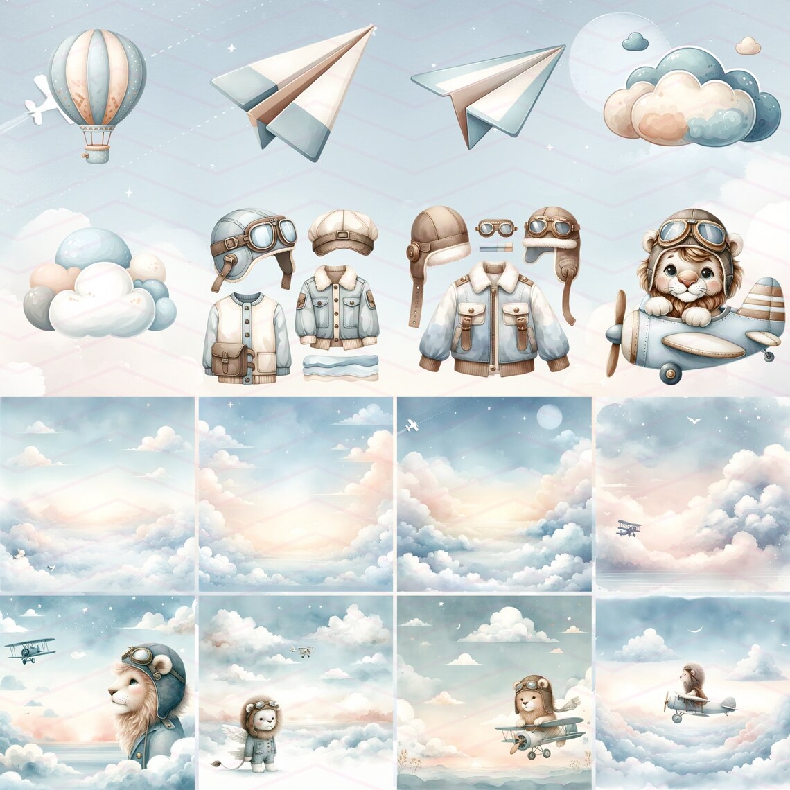 Aviator Lion Watercolor Clipart: 84 PNG Aviation Images (digital ...