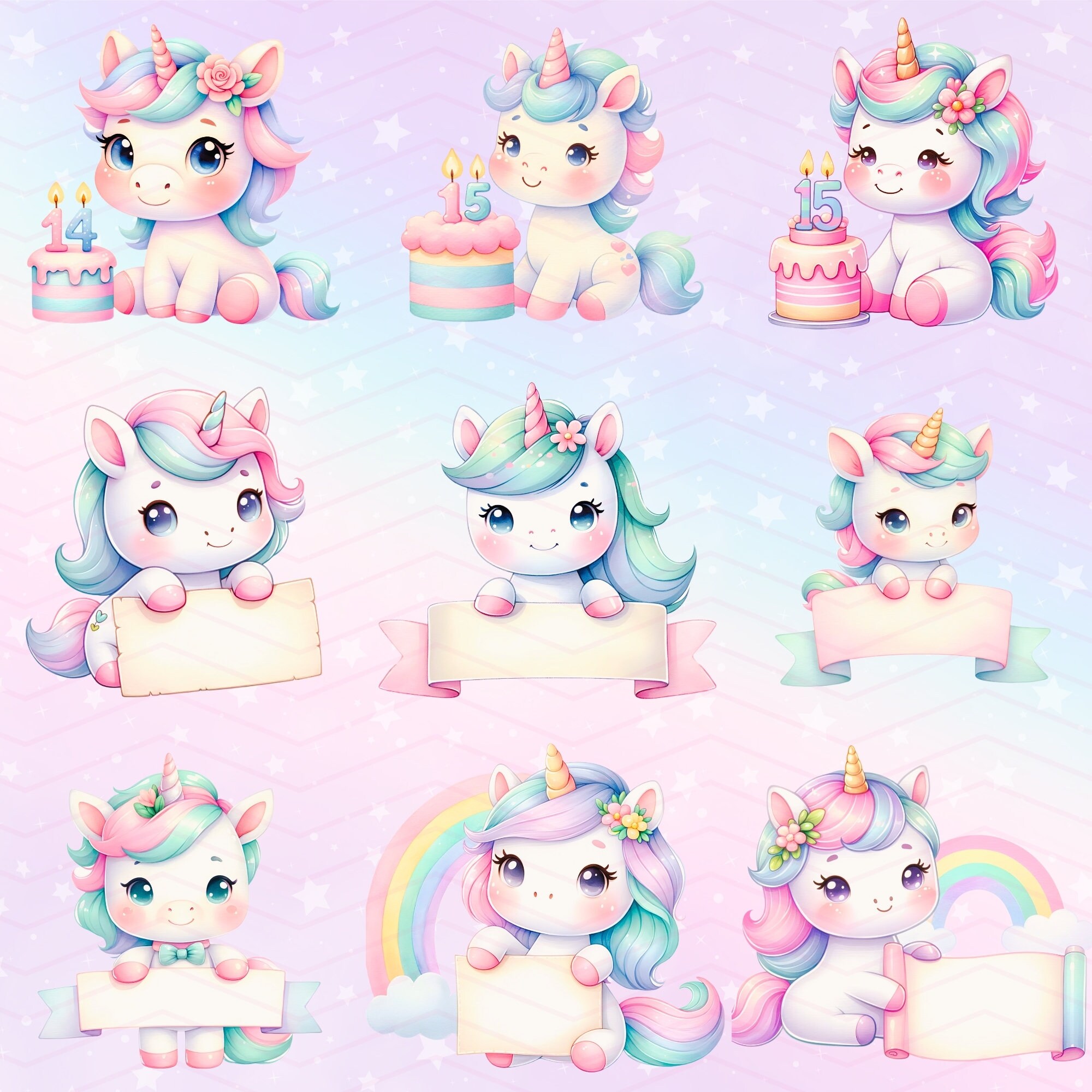 Unicorn Birthday Party Clipart Adorable Watercolor Unicorns With Cakes ...