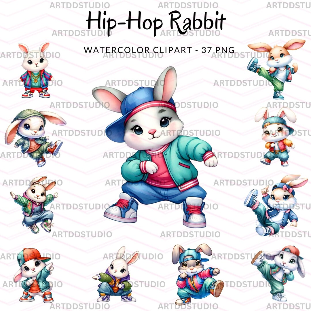 Hip-hop Rabbit Clipart Bundle, Watercolor Bunny PNG Collection for ...