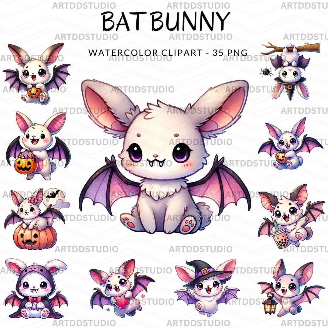 Bat Bunny Clipart Set, Cute Halloween Watercolor Digital Download, PNG ...