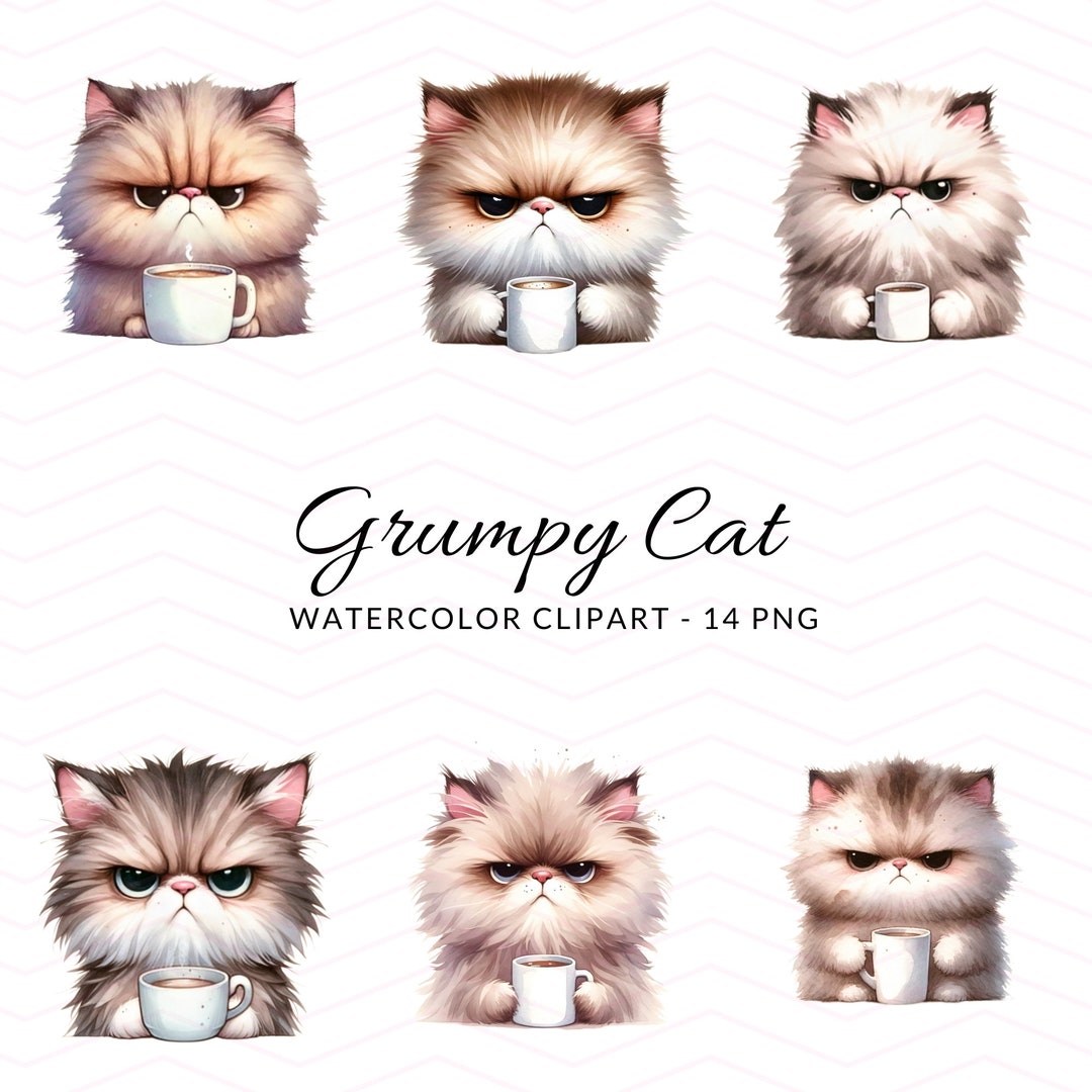 Grumpy Cat Coffee Clipart, Coffee Loving Grumpy Cat Clipart, Cute Cat ...