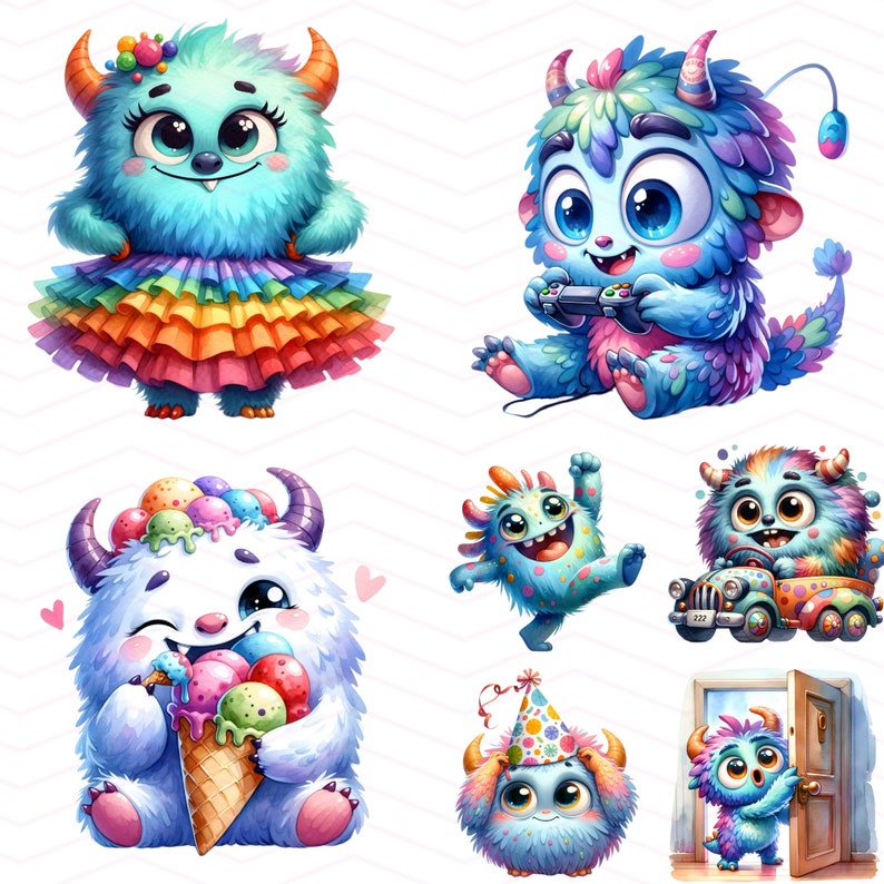 Whimsical Watercolor Monster Clipart - Cute Monster Digital PNG ...