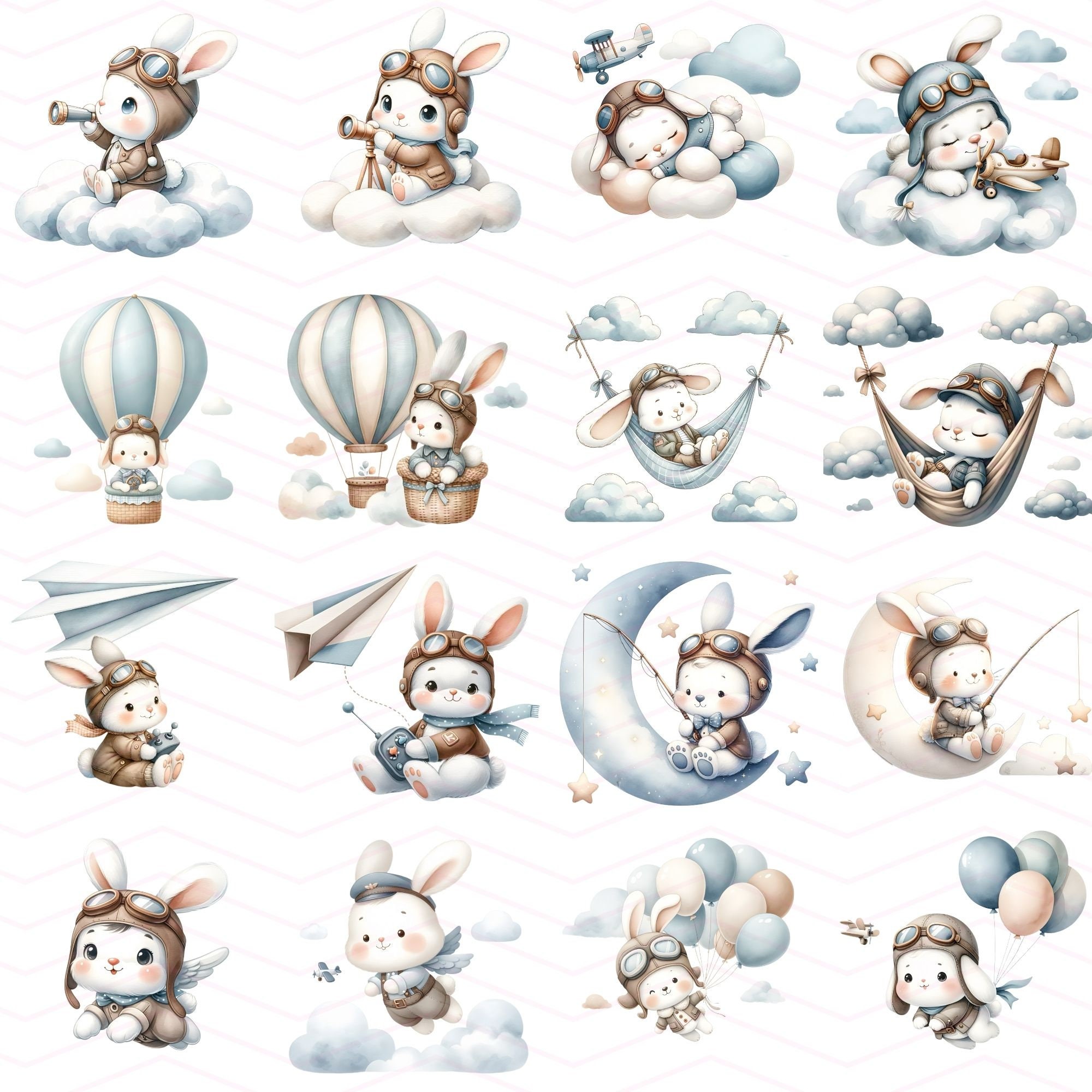 Aviator Rabbit Watercolor Clipart Pilot Bunny & Airplanes Pngs, Kids ...
