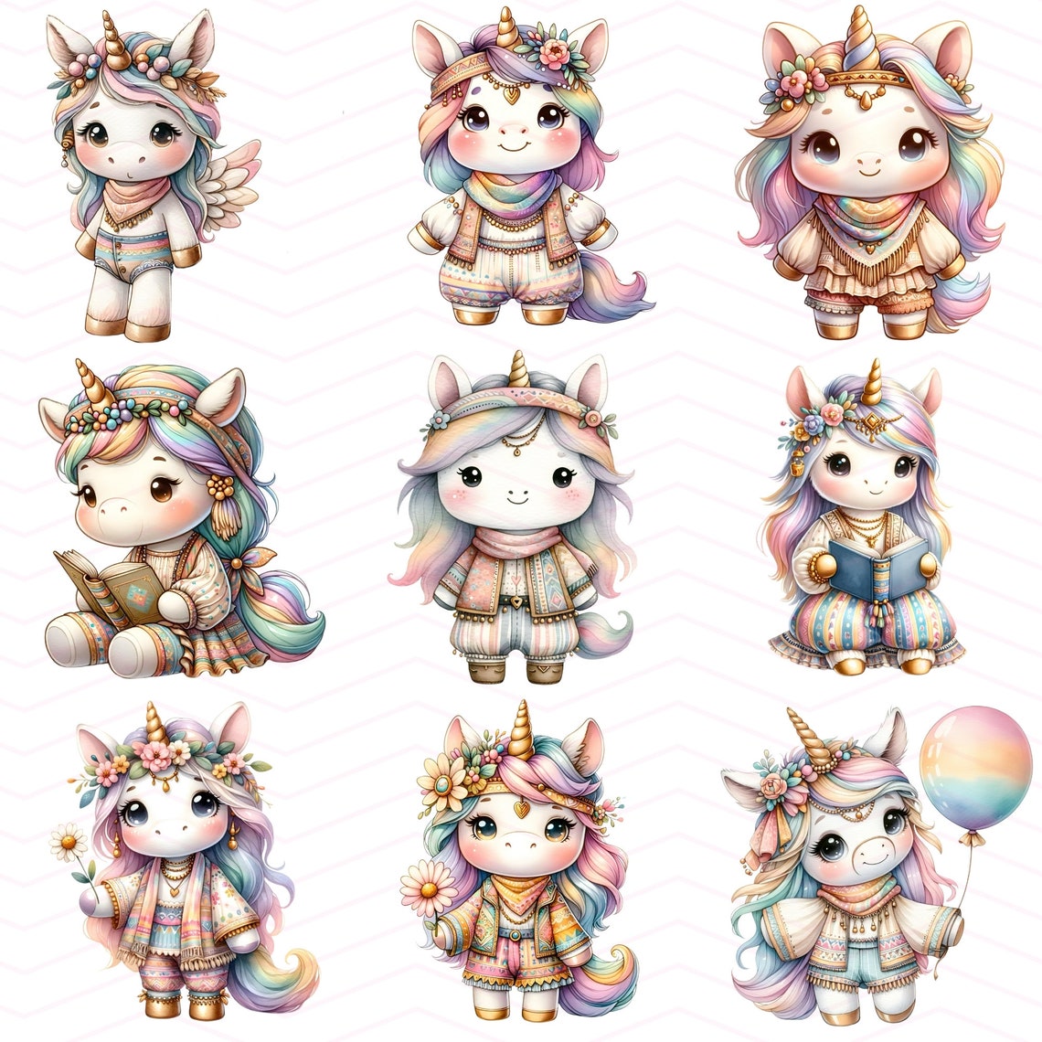 Boho Unicorn Clipart Set Whimsical Watercolor Unicorns Digital Download ...