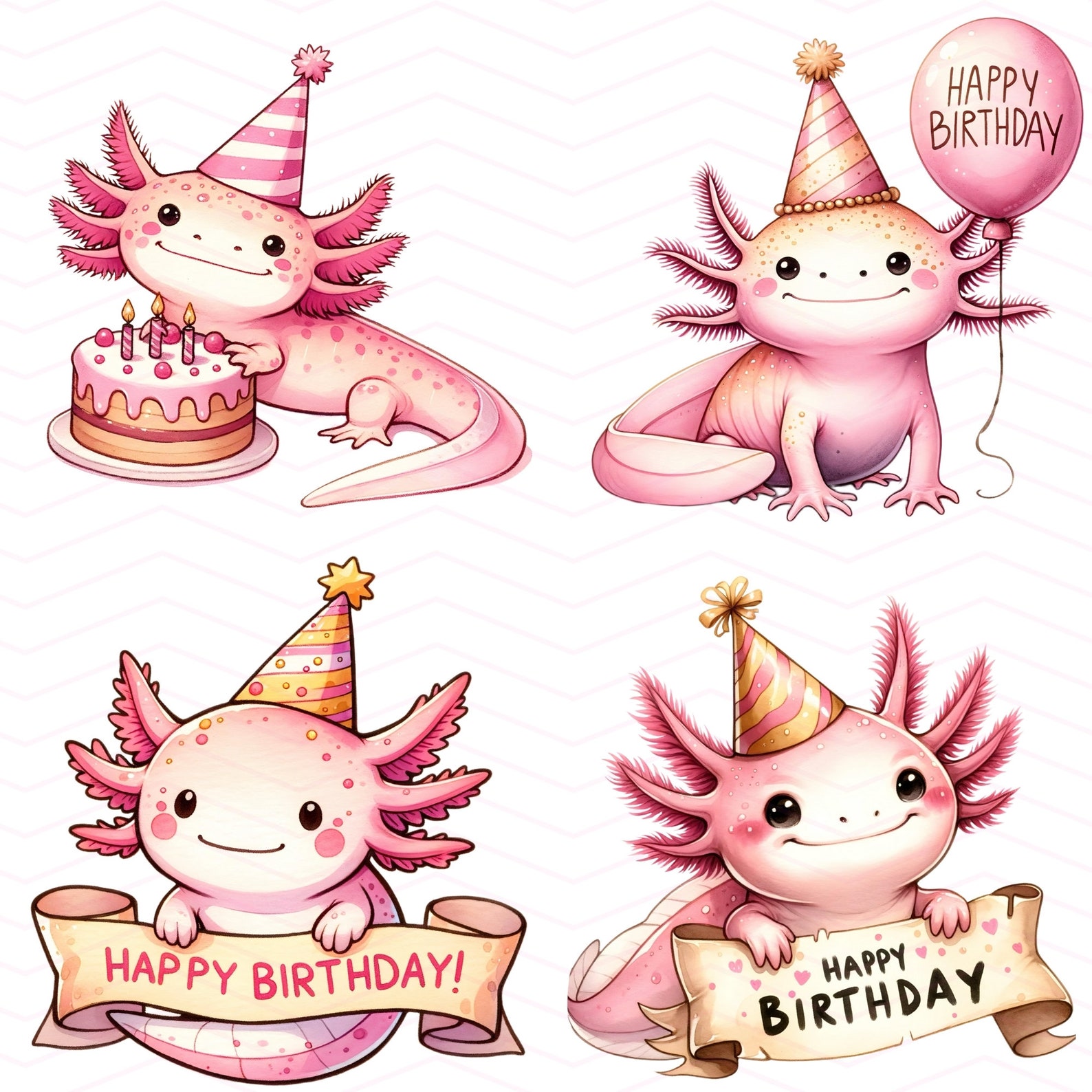 Cheerful Axolotl Birthday Party Clipart, Cute Watercolor PNG Images for ...