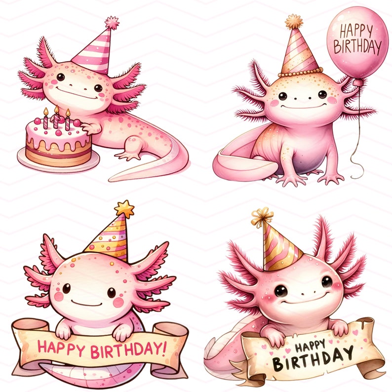Cheerful Axolotl Birthday Party Clipart, Cute Watercolor PNG Images for ...