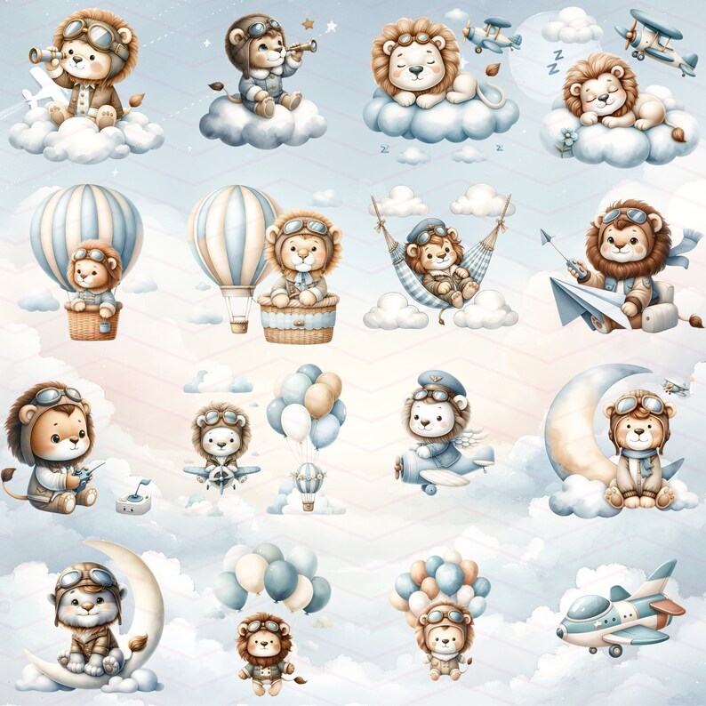 Aviator Lion Watercolor Clipart - Pilot Lion & Airplanes Pngs, Kids Nursery Decor, Airplane ...