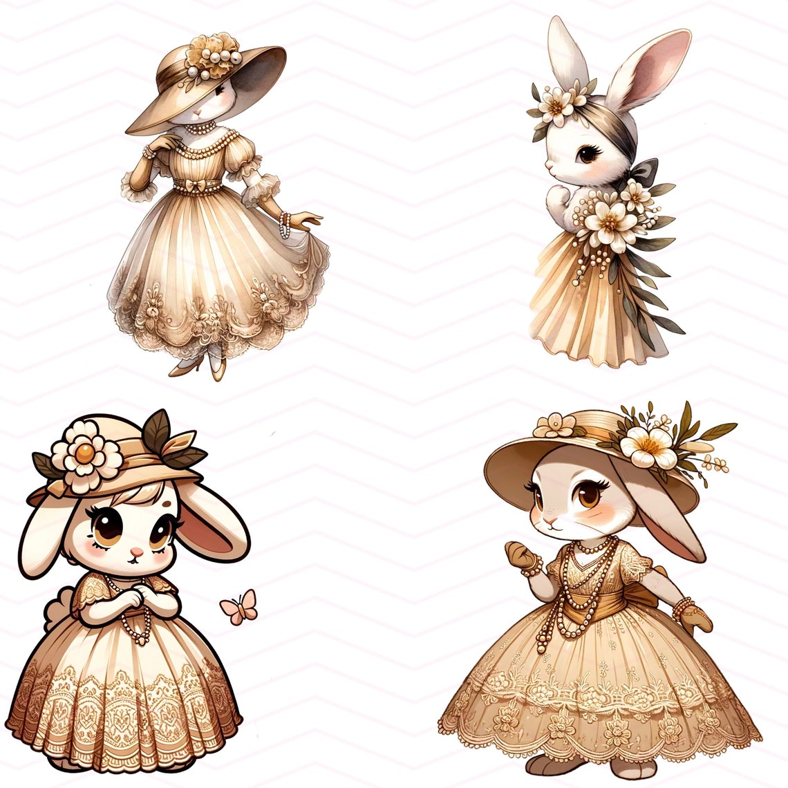 Charming Vintage Rabbit Clipart Elegant Dress-up Bunnies 16 PNG Digital ...
