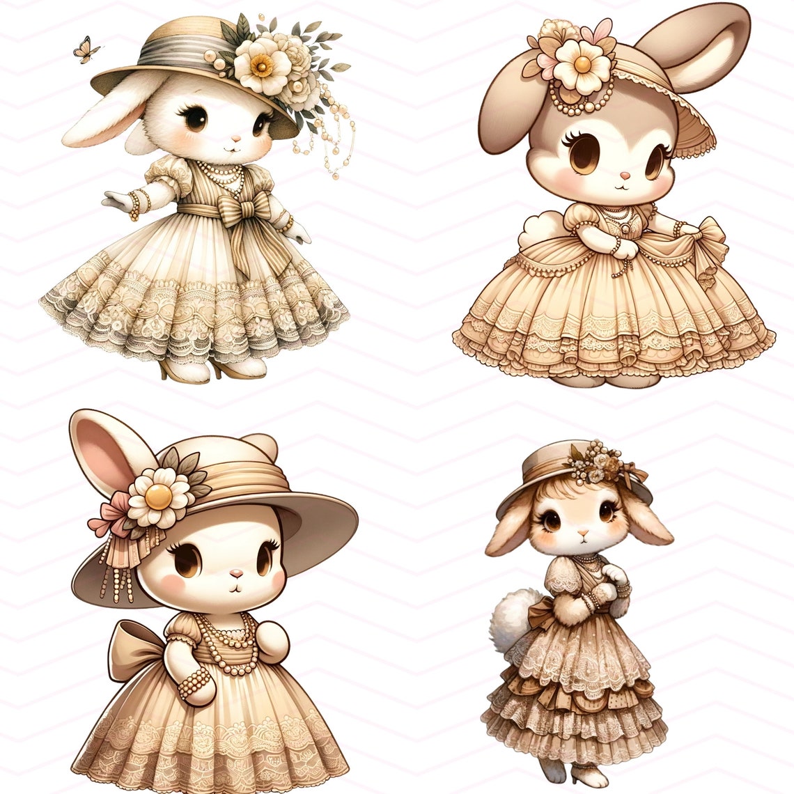 Charming Vintage Rabbit Clipart Elegant Dress-up Bunnies 16 PNG Digital ...