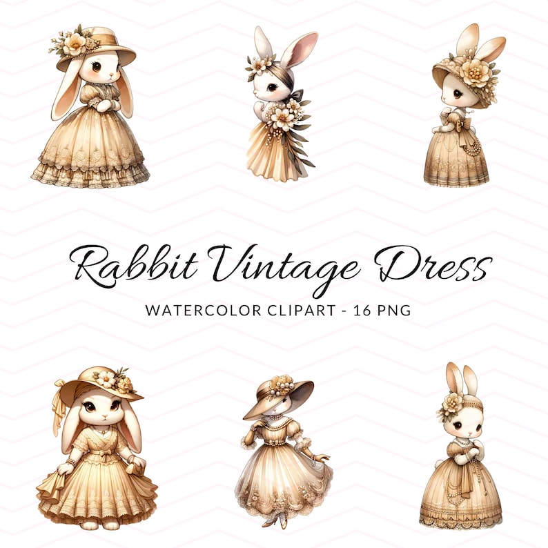 Charming Vintage Rabbit Clipart Elegant Dress-up Bunnies 16 PNG Digital ...