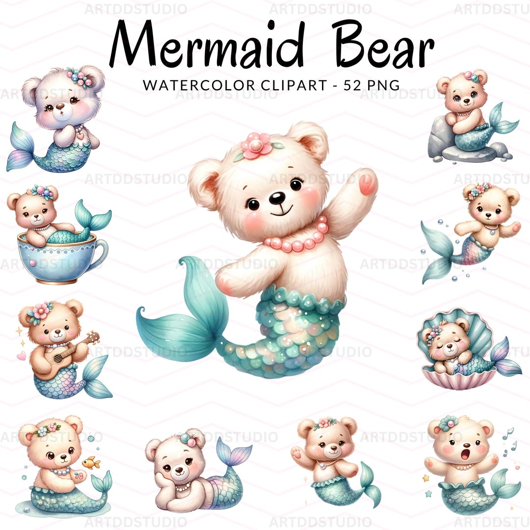Watercolor Enchanted Mermaid Bear Clipart - Digital Watercolor Bears ...