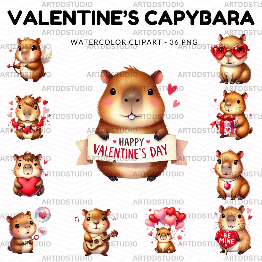 Valentine’s Capybara Watercolor Clipart, Cute Capybara, Cupid Capybara ...