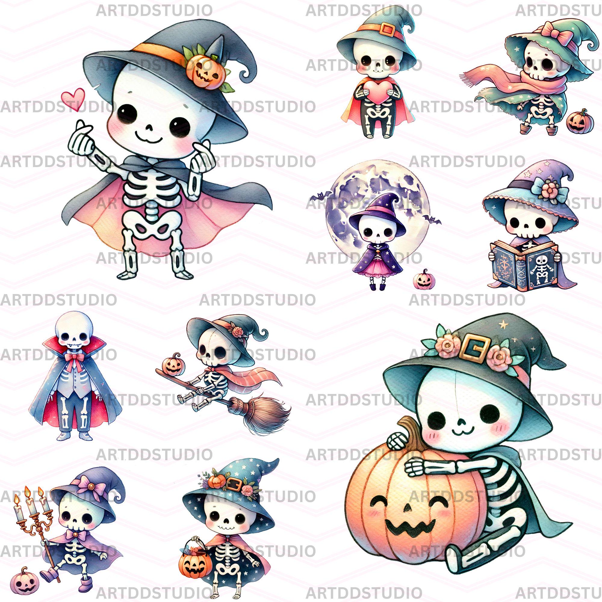 Cute Skeleton Halloween Clipart Bundle | 40 PNG Watercolor Digital ...