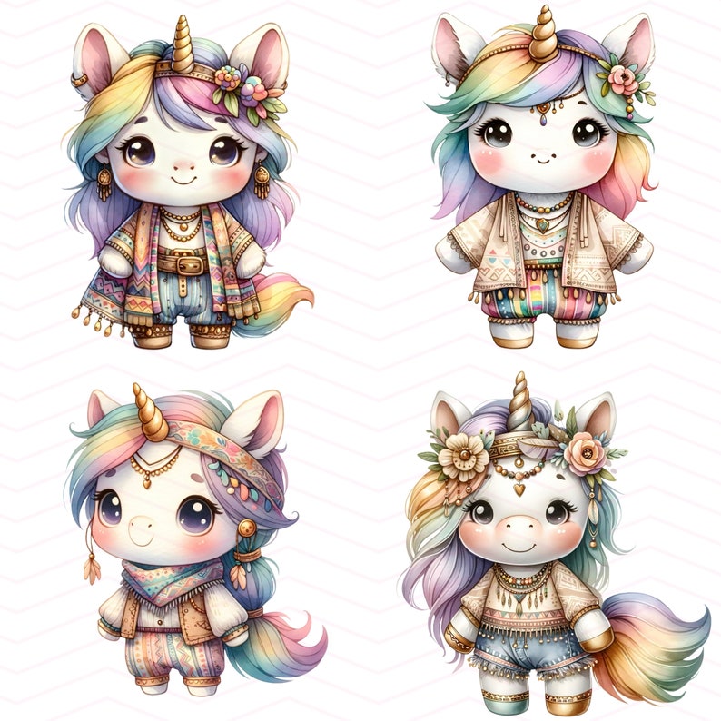 Boho Unicorn Clipart Set Whimsical Watercolor Unicorns Digital Download ...