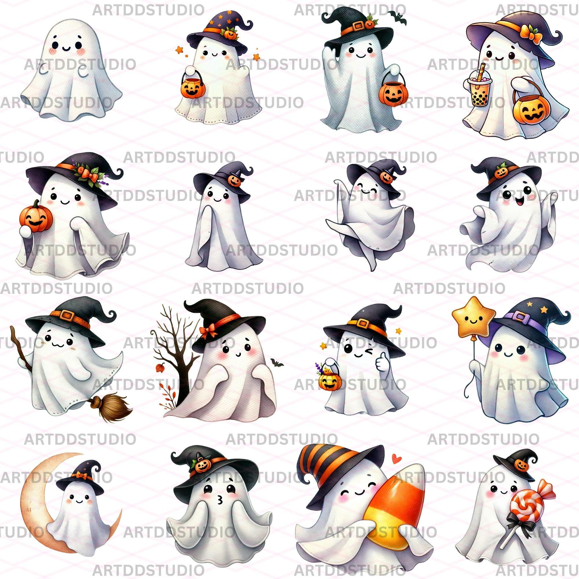 Cute Halloween Ghost Watercolor Clipart Bundle, Witch Hat Ghosts, BOO ...