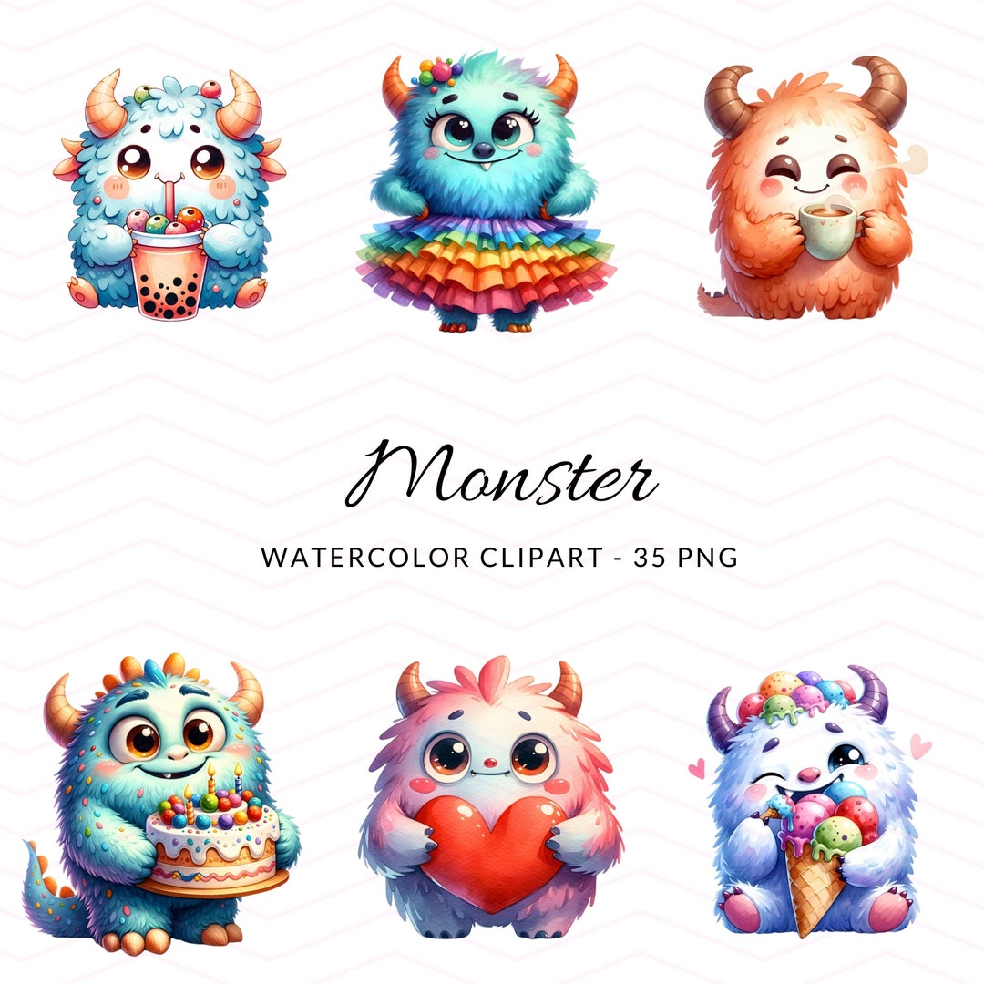 Whimsical Watercolor Monster Clipart - Cute Monster Digital PNG ...
