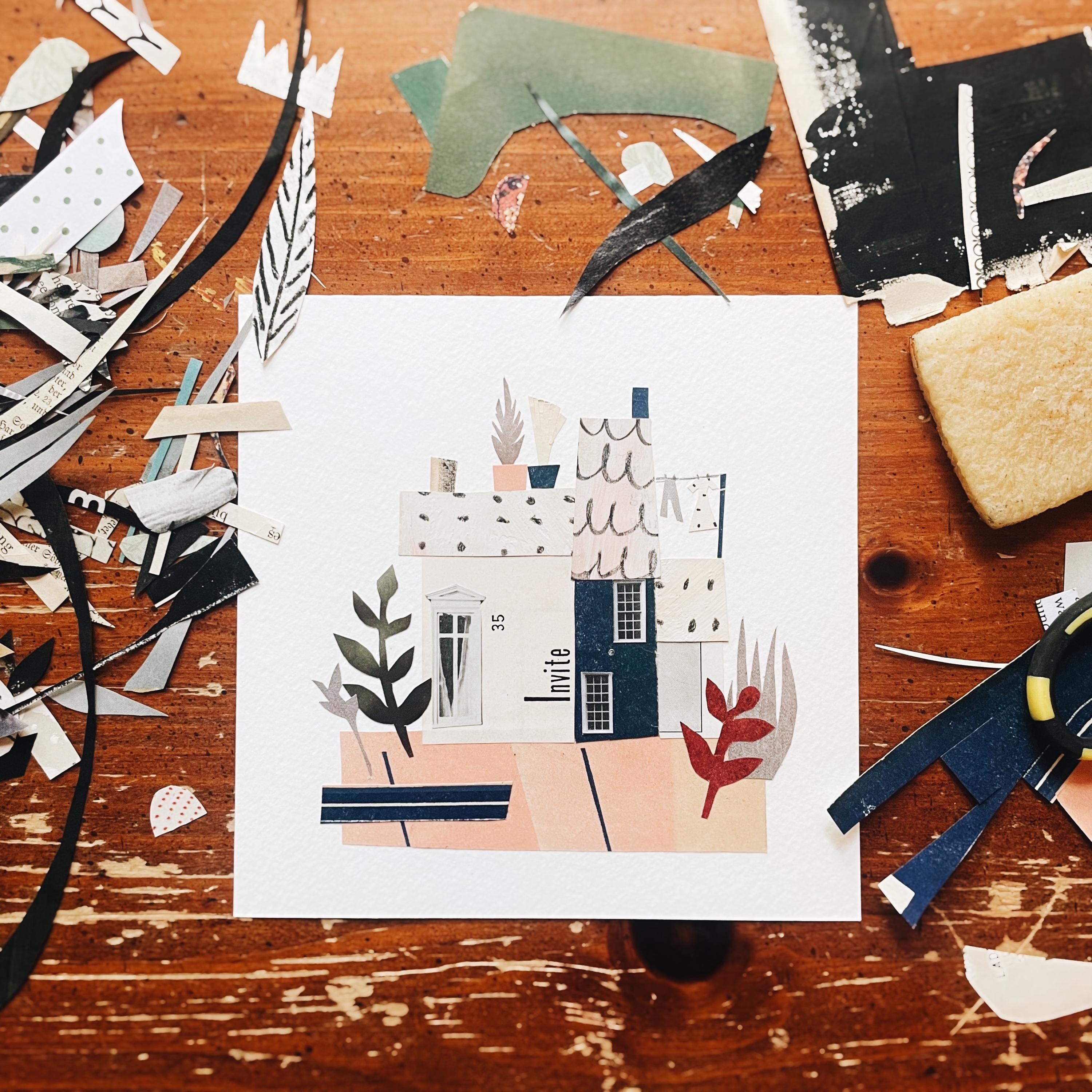 Original Cut Paper Street Scene Collage Art, Midcentury Mixed Media ...
