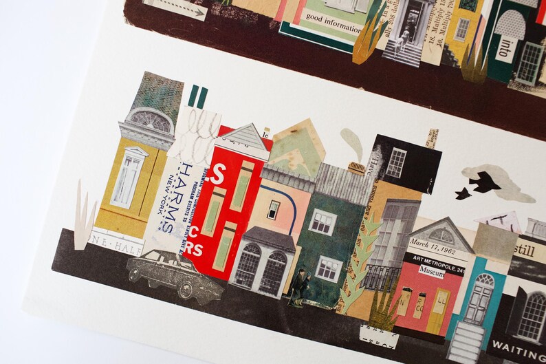 Original Cut Paper Street Scene Collage Art, Midcentury Mixed Media ...
