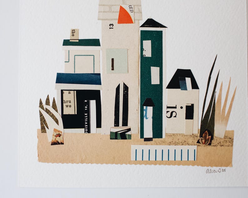 Original Cut Paper Street Scene Collage Art, Midcentury Mixed Media ...
