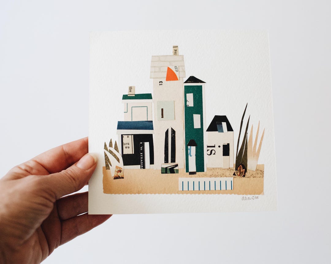 Original Cut Paper Street Scene Collage Art, Midcentury Mixed Media ...