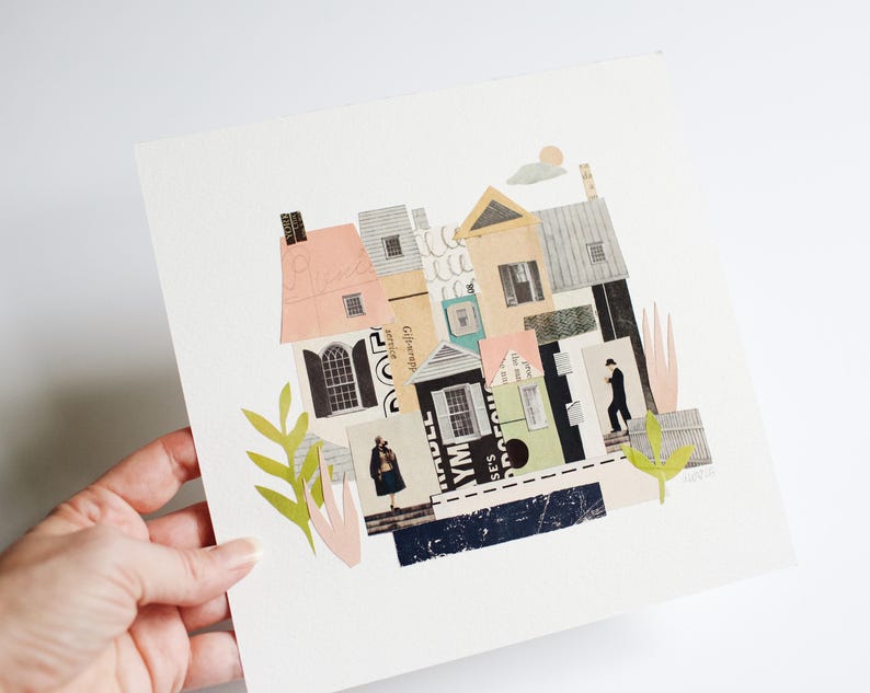 Original Cut Paper Art City Street Scene Collage, Midcentury Mixed ...