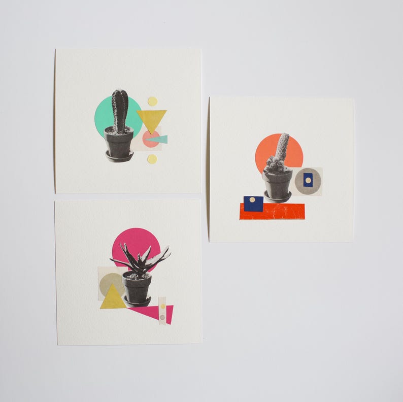 Original Abstract Collage Art, Set of Three, Cacti Trio - Etsy