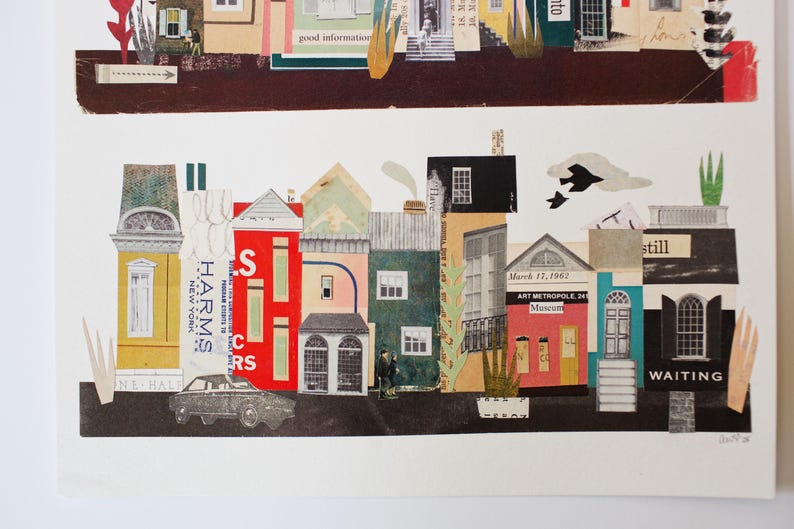 Original Cut Paper Street Scene Collage Art, Midcentury Mixed Media ...