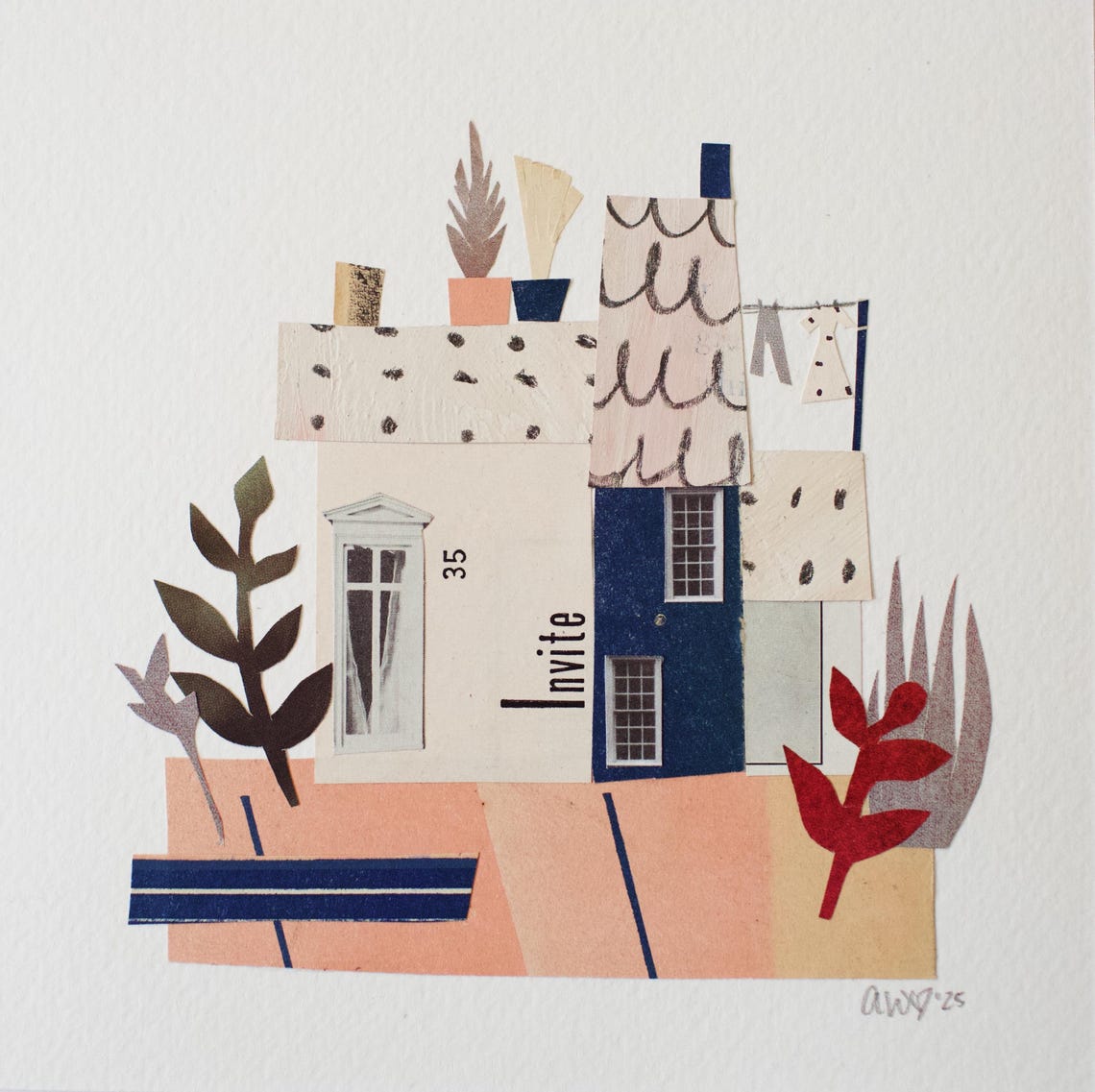 Original Cut Paper Street Scene Collage Art, Midcentury Mixed Media ...