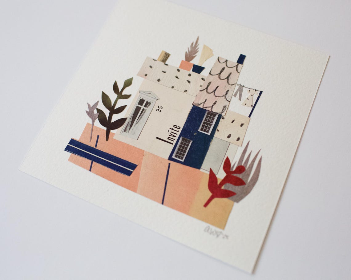 Original Cut Paper Street Scene Collage Art, Midcentury Mixed Media ...