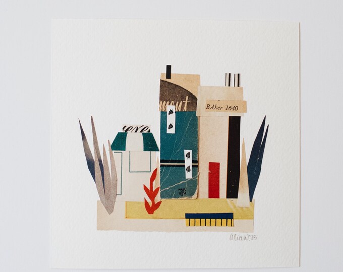 Original Cut Paper Street Scene Collage Art, Midcentury Mixed Media ...