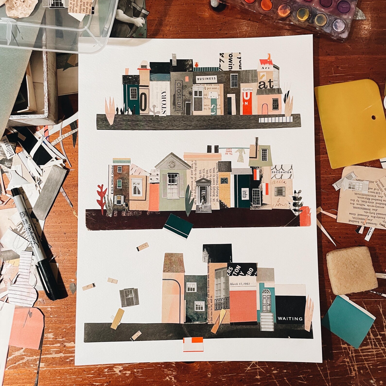 Original Cut Paper Street Scene Collage Art, Midcentury Mixed Media ...