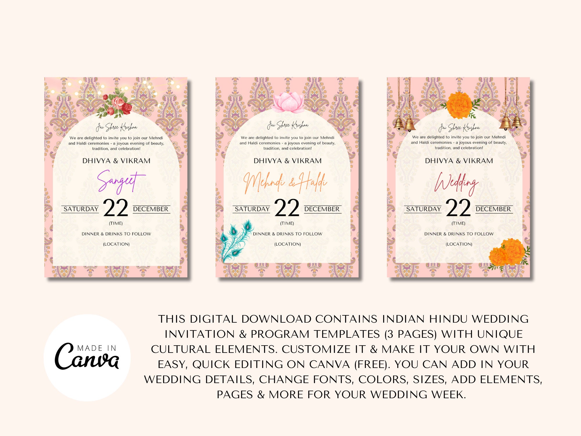 Indian Hindu Wedding Ceremony Invitation Mehndi Sangeet Template ...