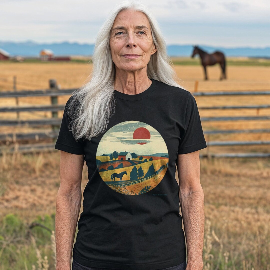 Rustic Farmhouse Sunrise Tee, Gentle Horse Horizon T-shirt, Rural ...