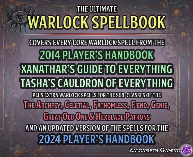 Dnd Warlock Toolbox (2014 & 2024): Printable Spell Cards, Area of ...