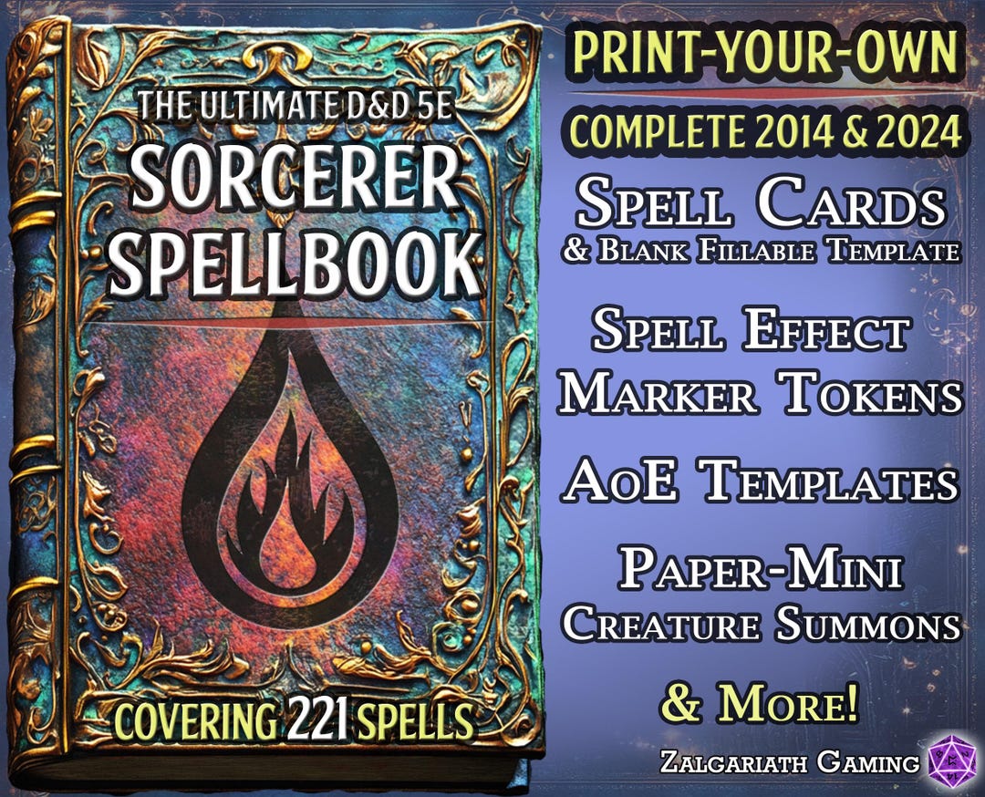 Dnd Sorcerer Toolbox (2014 & 2024) Printable Spell Cards, Area of ...