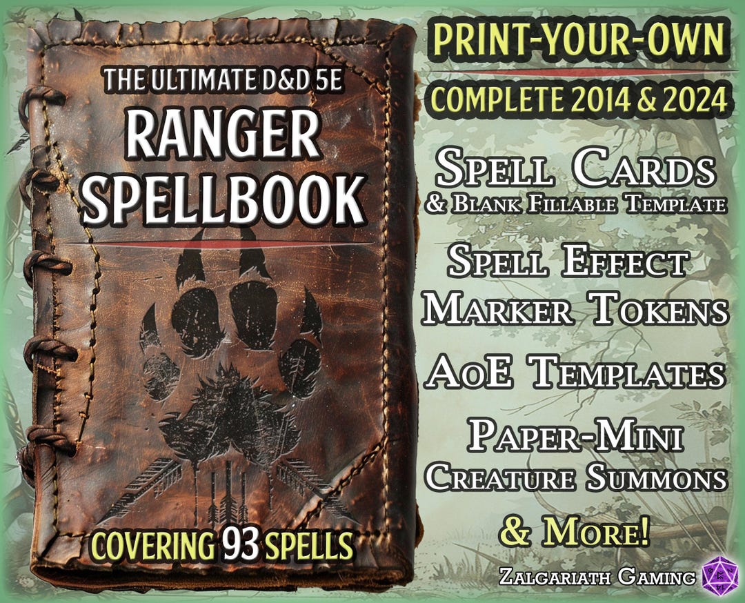 Dnd Ranger Toolbox (2014 & 2024): Printable Spell Cards, Area of Effect ...