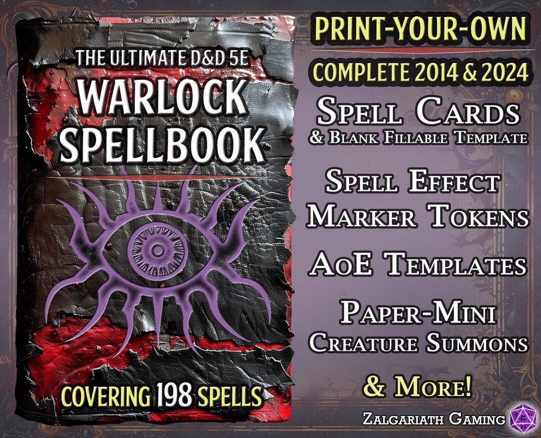 Dnd Warlock Toolbox (2014 & 2024): Printable Spell Cards, Area of ...
