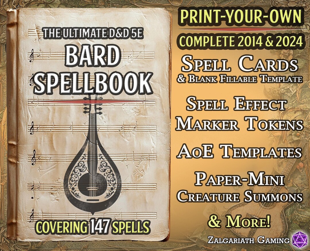 Dnd Bard Toolbox (2014 & 2024): Printable Spell Cards, Area of Effect ...