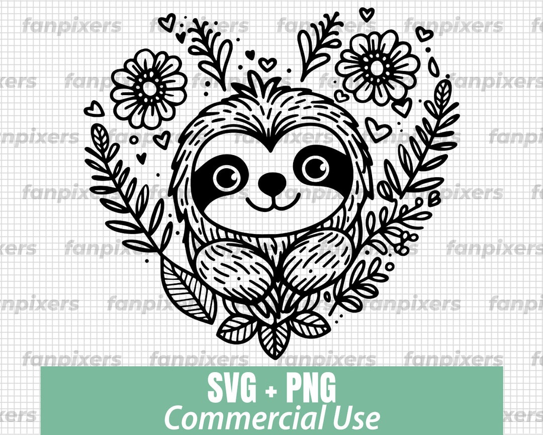 Floral Sloth Heart SVG PNG, Botanical Sloth Svg, Cute Sloth Svg, SVG ...