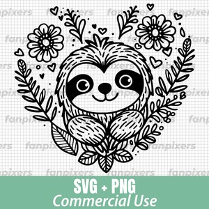 Floral Sloth Heart SVG PNG, Botanical Sloth Svg, Cute Sloth Svg, SVG ...