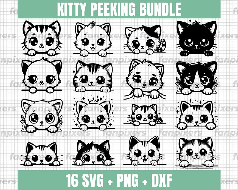 Kitty Peeking Bundle SVG PNG, Peeking Cat Clipart, Kitty Outline SVG ...